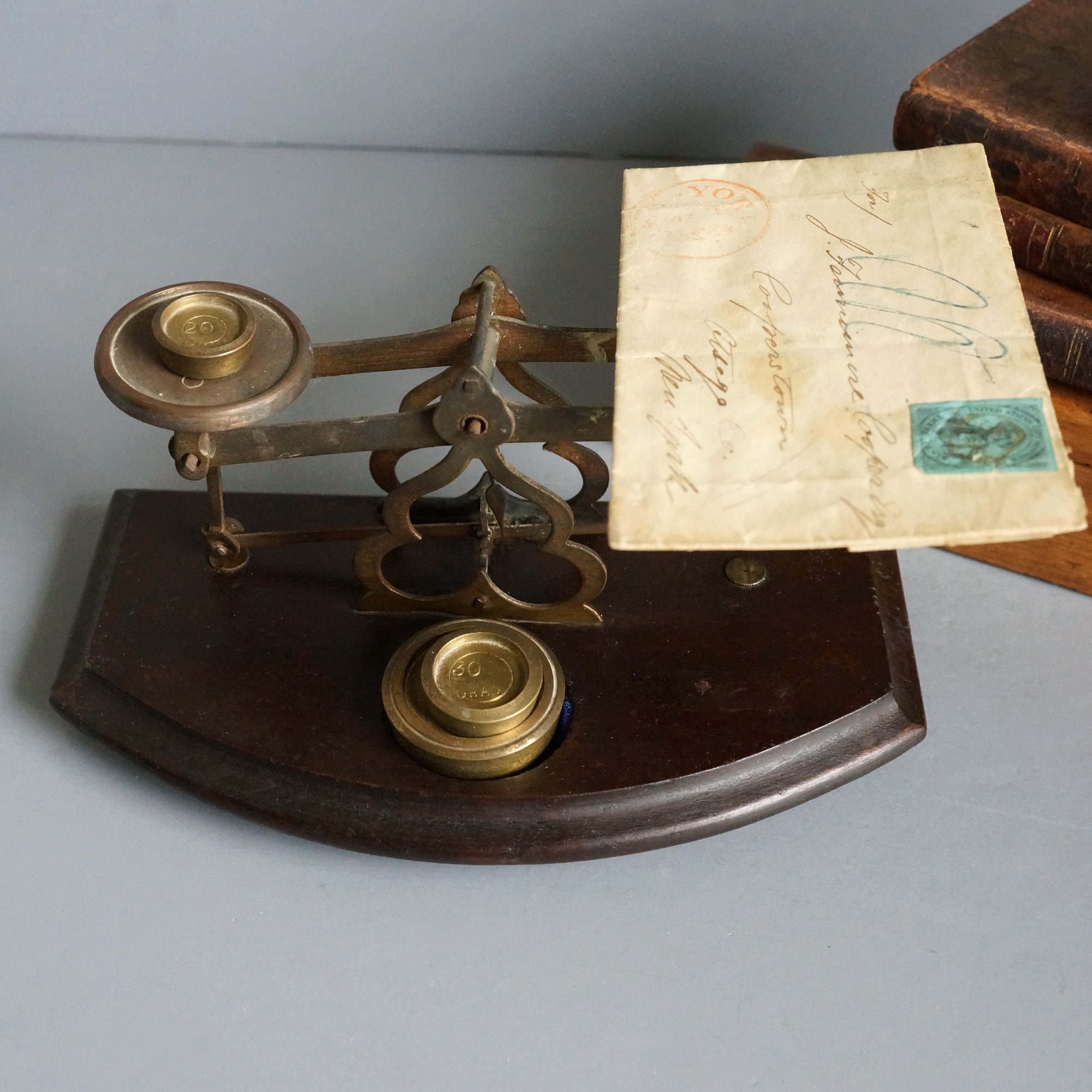 Vintage Postal Scale/english Scale/letter Balance Scale/wooden Base ...