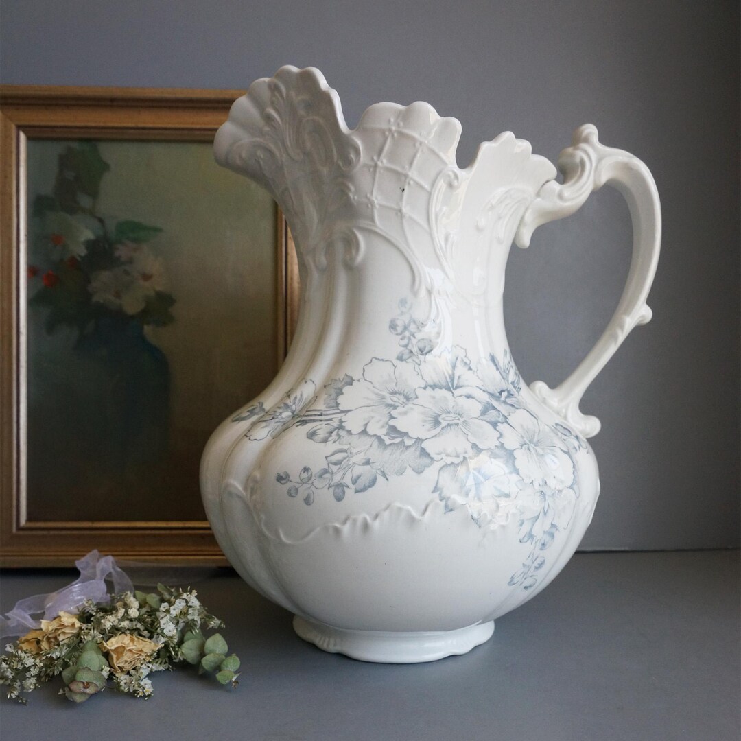 Antique Ironstone Pitcher/bluish Grey Coloring/transfer Ware/fancy ...