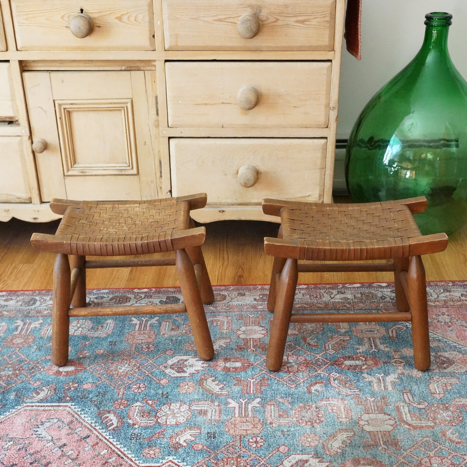 Rare Pair of Vintage Oak and Hickory Footstools/in the Style of old ...