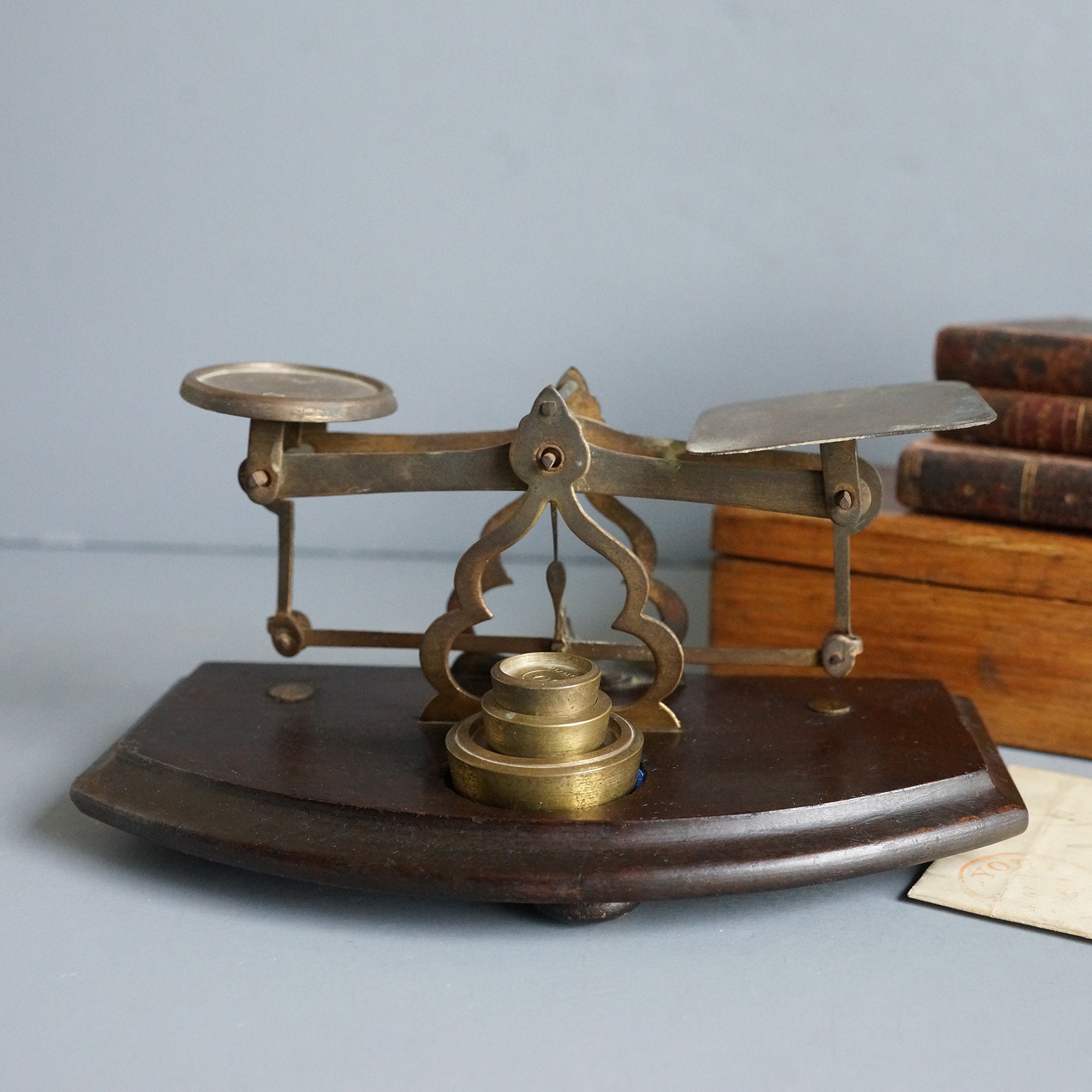 Vintage Postal Scale/english Scale/letter Balance Scale/wooden Base ...