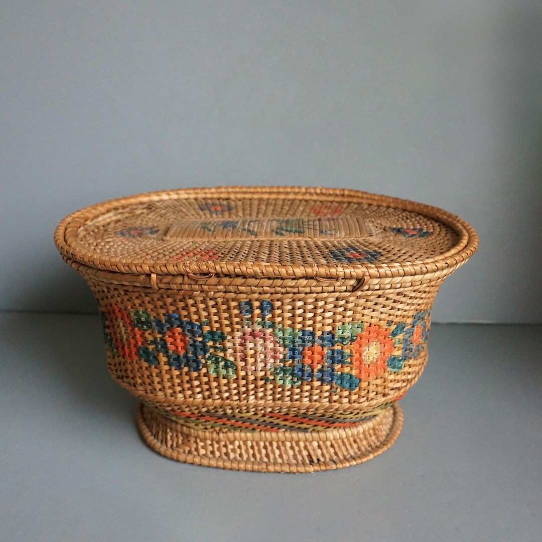 Antique Chinese Rice Straw Basket With Hand-painted Flowers - Etsy
