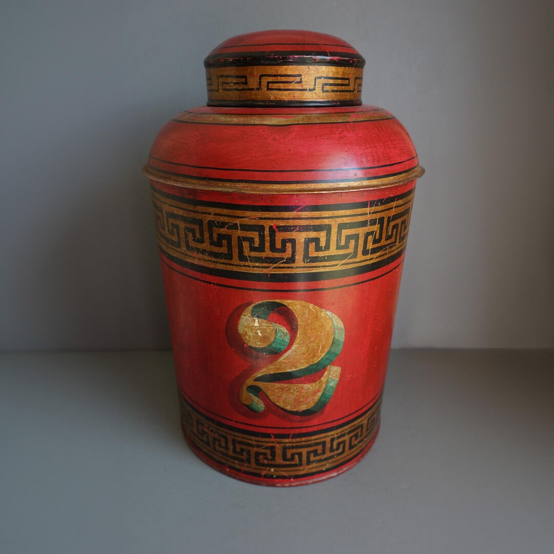 Antique Large Tea Tin Lidded Canister Jar/greek Key Trim/red/gold/black ...