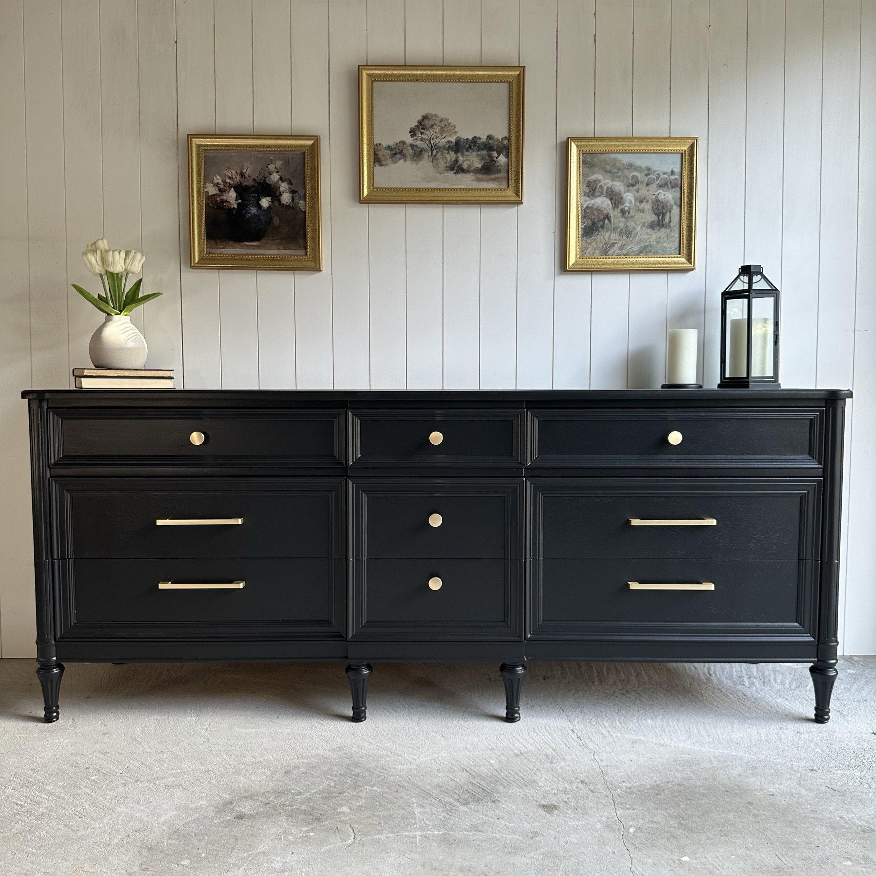 SOLD Refurbished Solid Wood Black and Gold Large Dresser Etsy UK