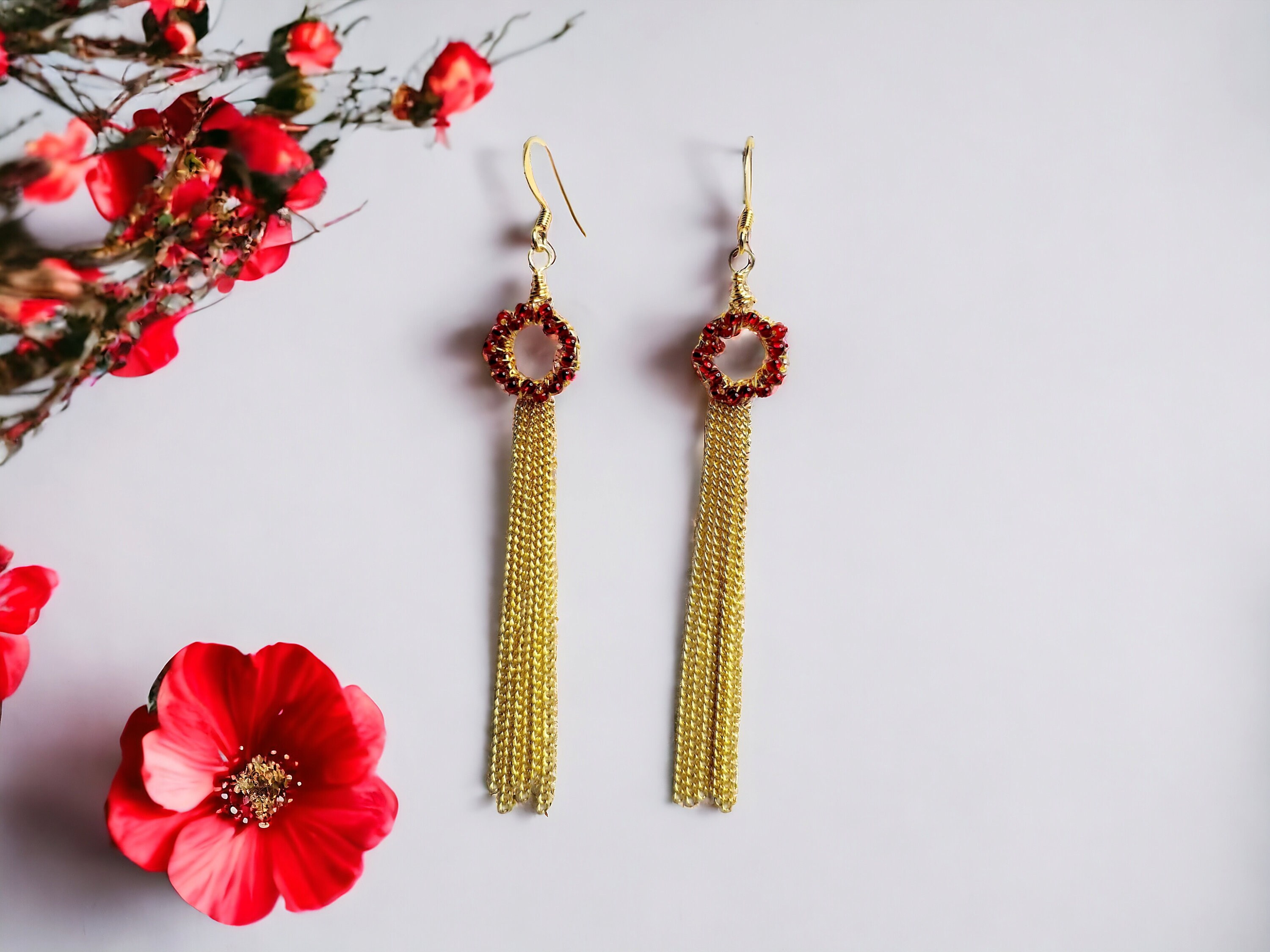 Red and Gold Chain Duster Earrings, 18kt Gold Plated - Etsy