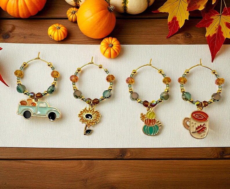 Autumn Wine Charms Set – Gold Plated Fall Drink Markers With Pumpkins ...