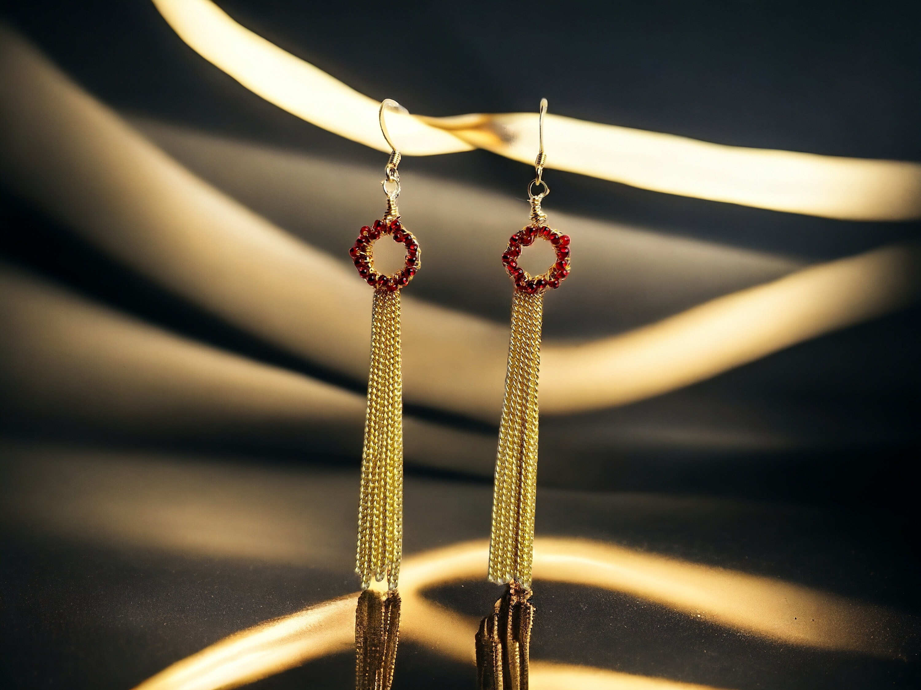 Red and Gold Chain Duster Earrings, 18kt Gold Plated - Etsy