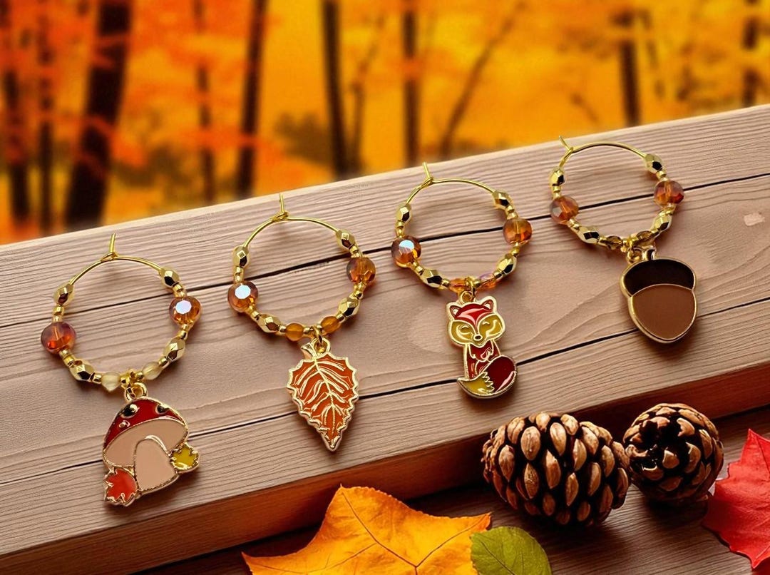 Autumn Woodland Wine Charms Set – Gold Plated Fall Drink Markers With ...