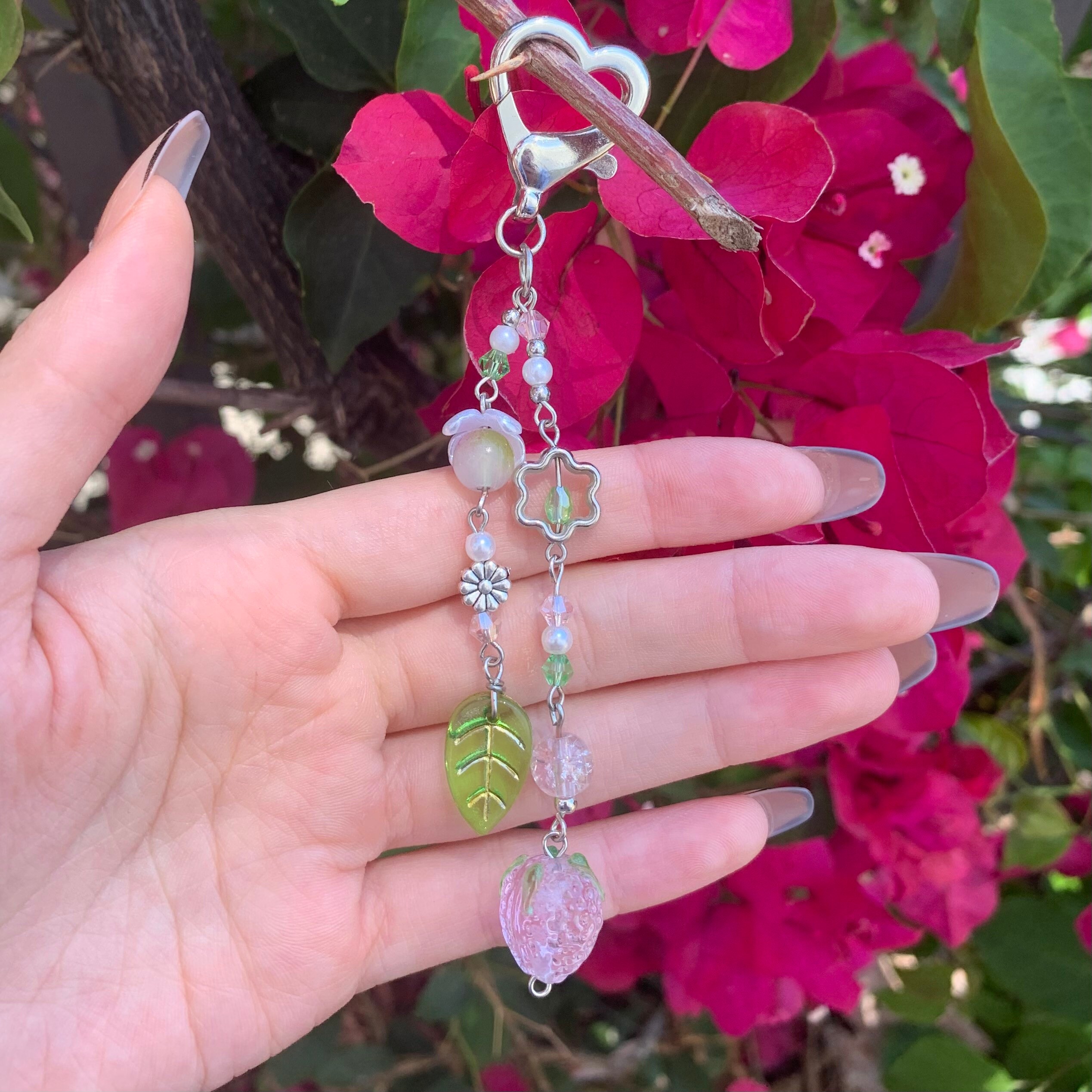 Pink Strawberry Beaded Keychain / Pearl / Sparkly / Flower / Colors ...