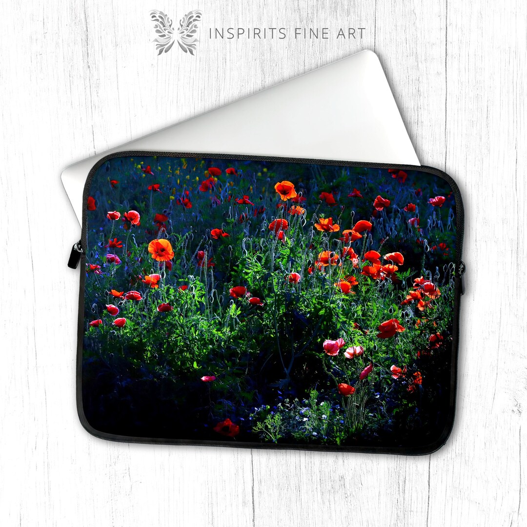 California Poppy Laptop Sleeve, Crimson Red Poppy Flower Meadow Case ...