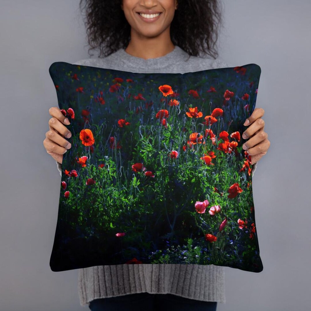 Red Poppy Pillow Art Nouveau Cover, Goth Pillow Cover Wildflowers, Dark ...