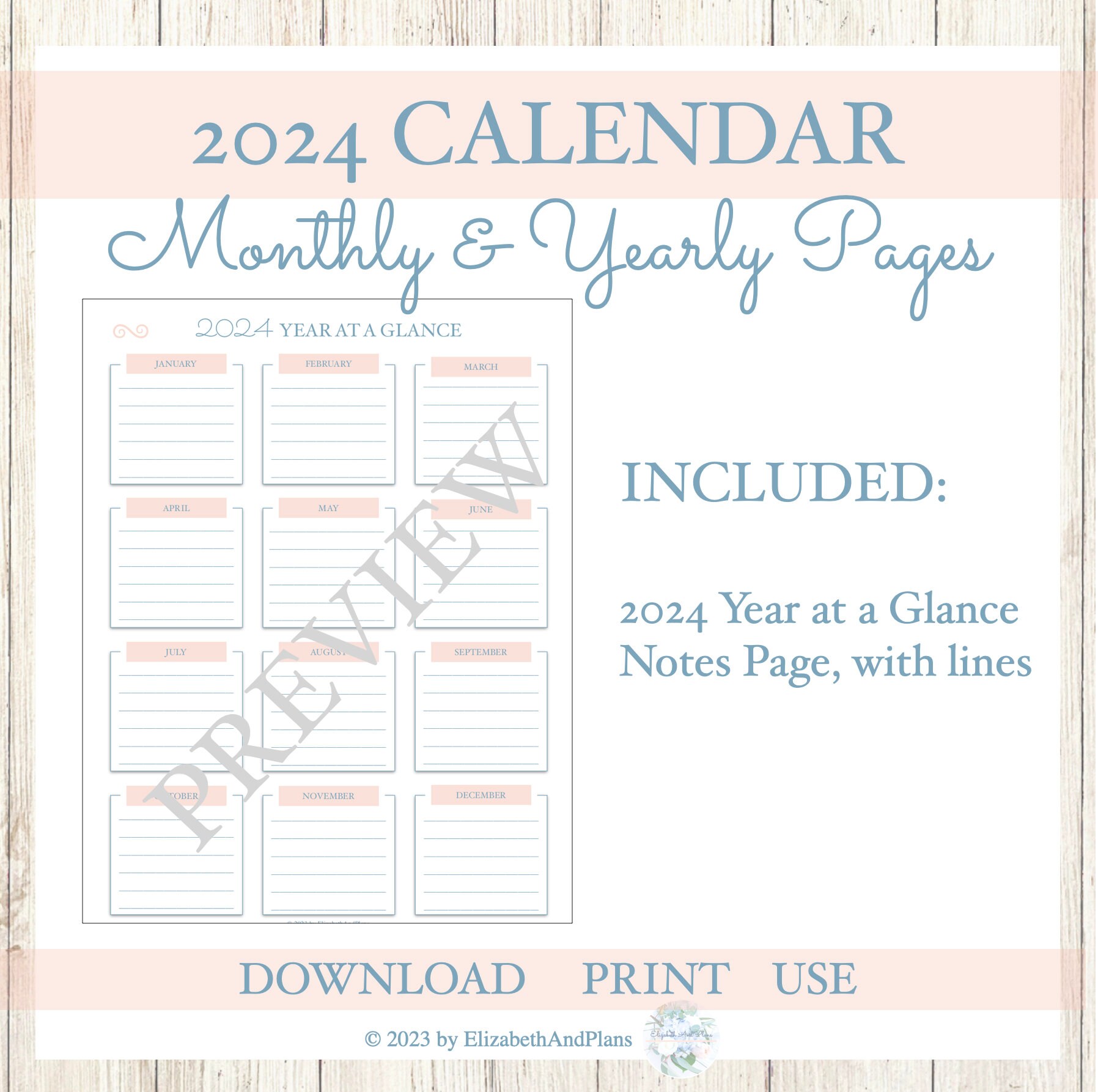 2024 Calendar // Monthly & Yearly Pages // Printables // Personal Use ...