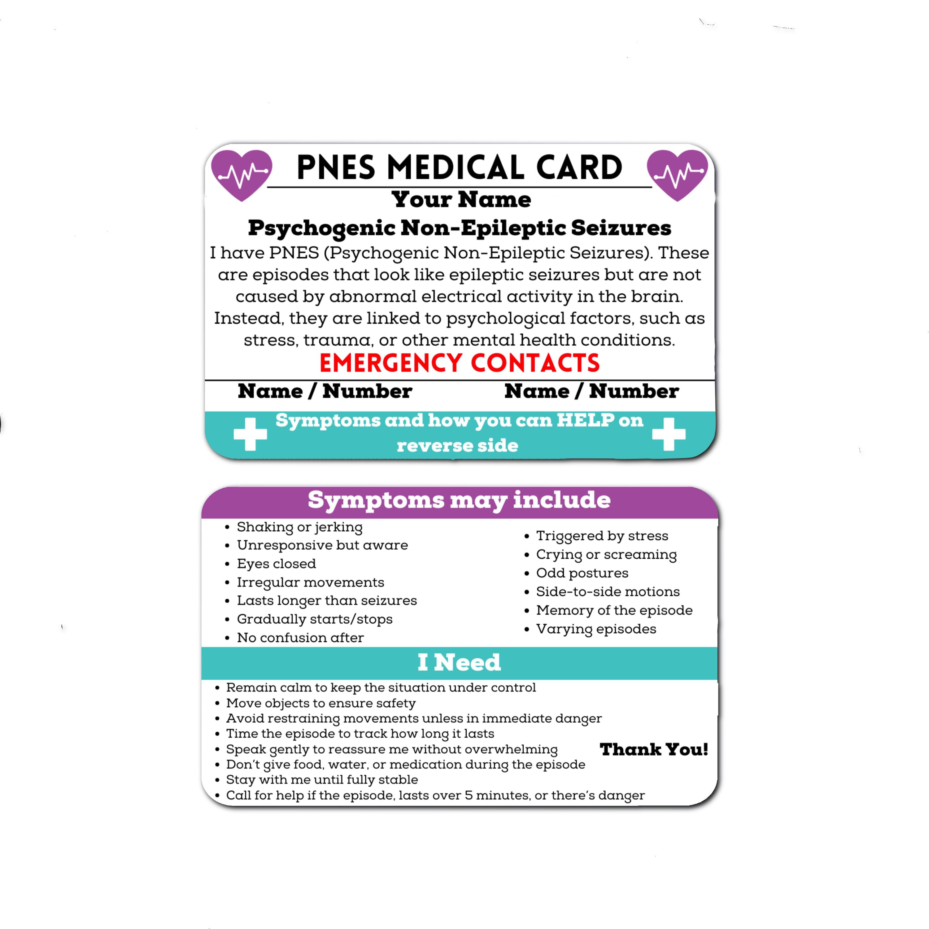 PNES Medical Alert ID Card, Aware Tag, Non Epileptic Psychogenic ...