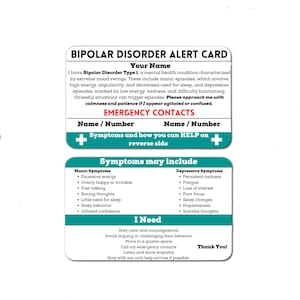 Bipolar Disorder Medical Alert ID Card, Bipolar Type 1 Symptom ...