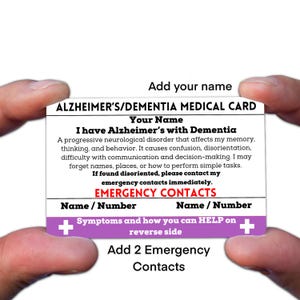 Alzheimer’s Dementia Awareness Medical ID Alert Card, Dementia Patient ...