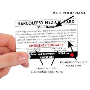Narcolepsy Medical Alert Card, Emergency Contacts Tag, Narcolepsy ...