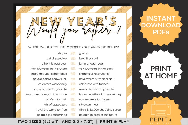 NEW YEAR'S Would You Rather? | Printable Game, NYE Party, Game Night ...