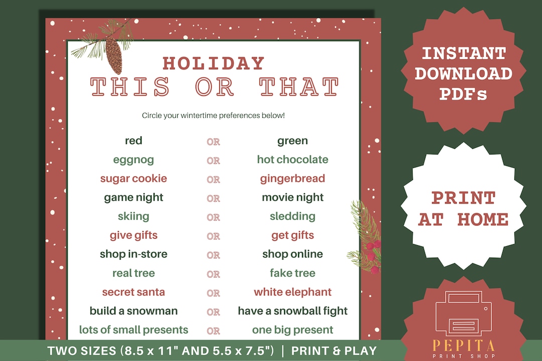HOLIDAY This or That | Printable Game, Holiday Party, Game Night, Kids ...