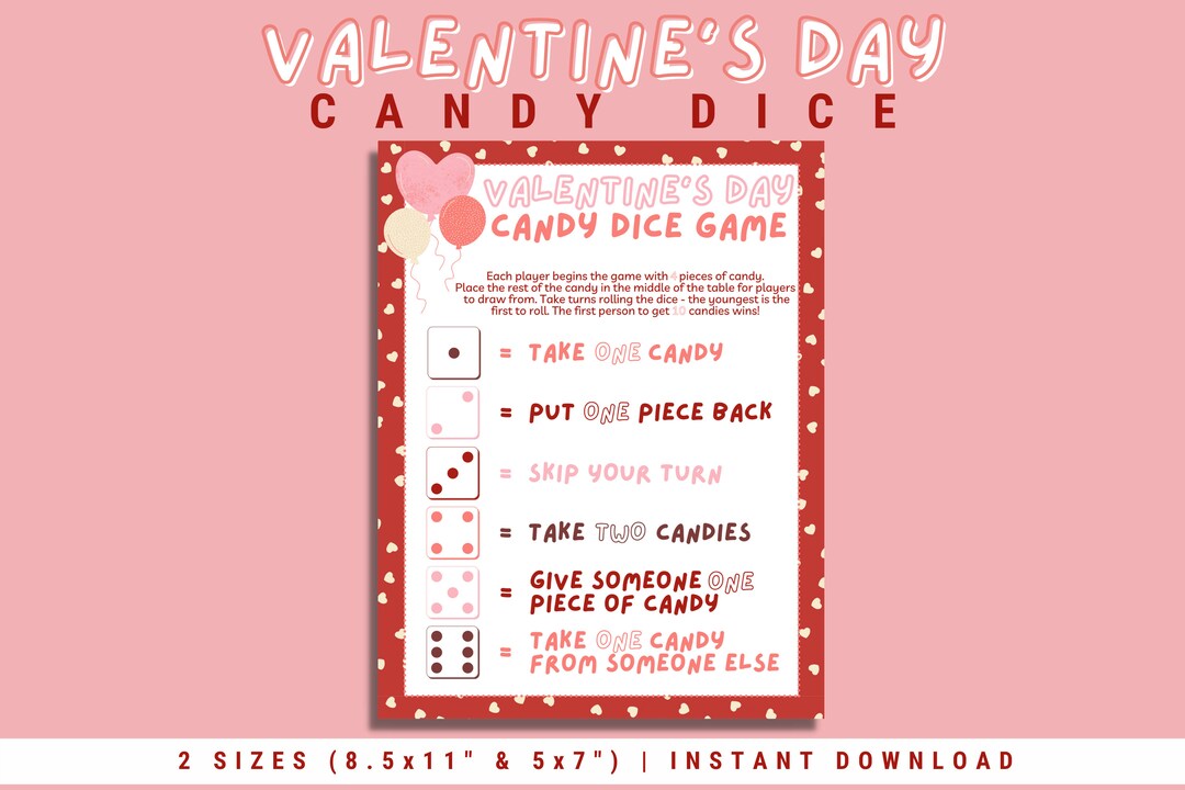 Valentine's Day Candy Dice Game | Printable Party Games, Games for Kids ...