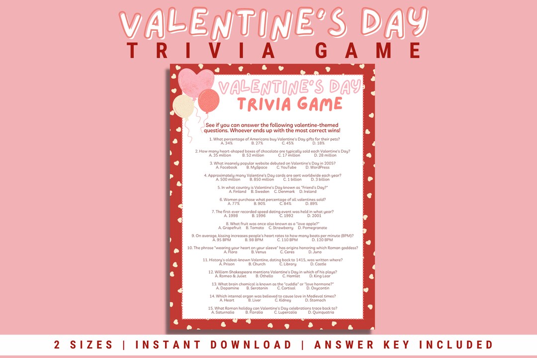 Valentine's Day Trivia Game | Printable Party Games, Games for Kids and ...