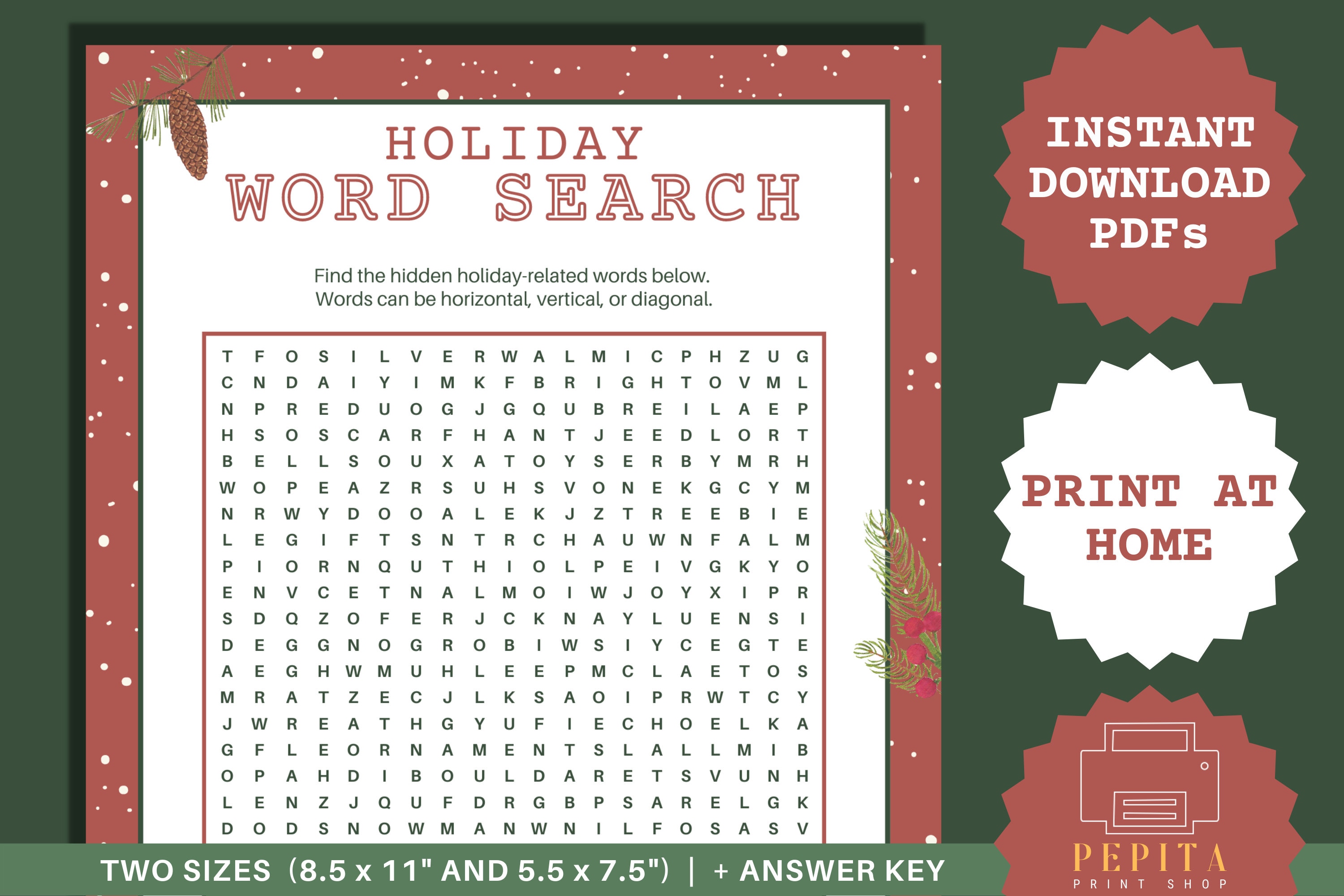 HOLIDAY Word Search | Printable Game, Holiday Party, Game Night, Kids ...