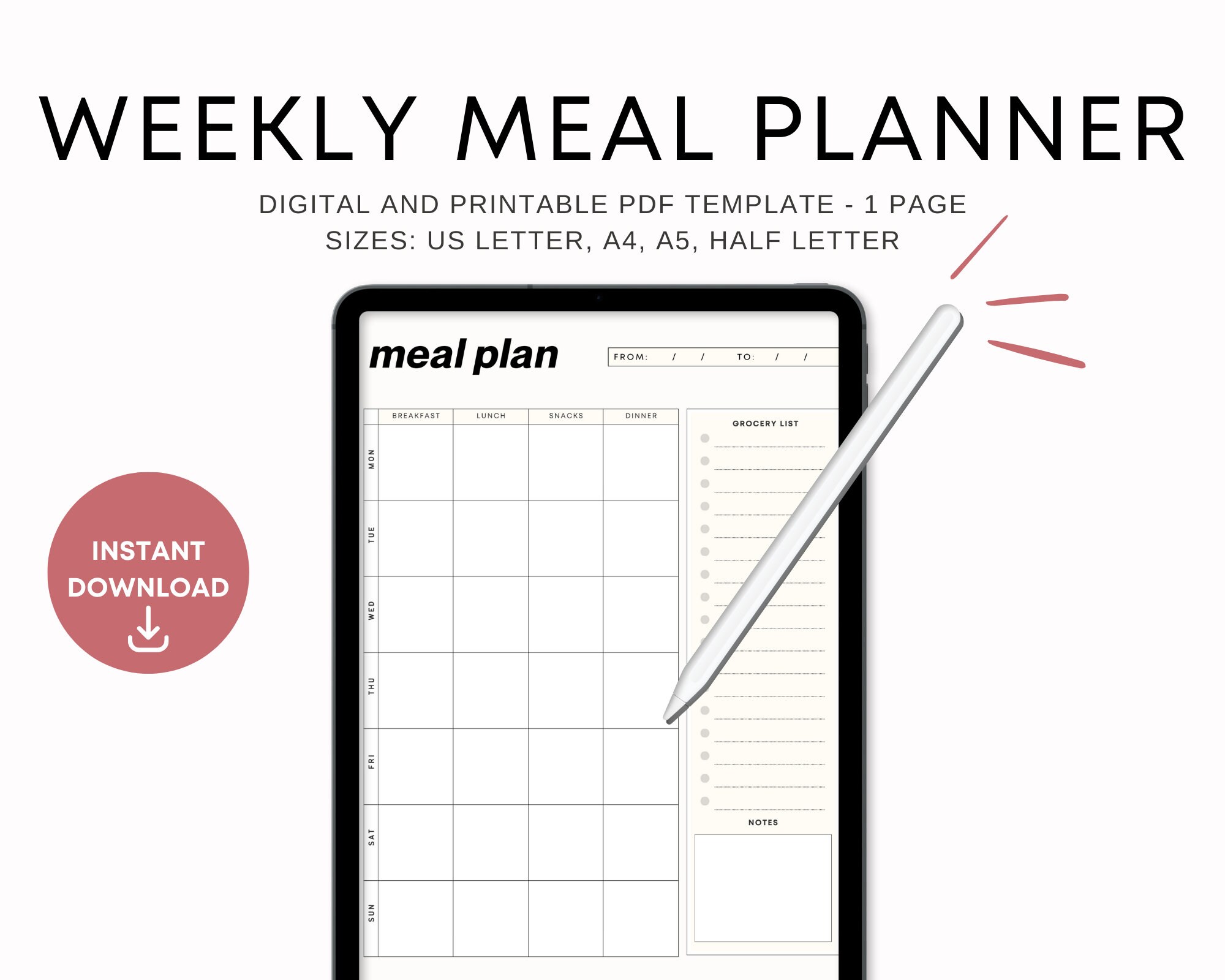 Digital Meal Planner, Printable, Undated Weekly Meal Plan, Meal Planner ...