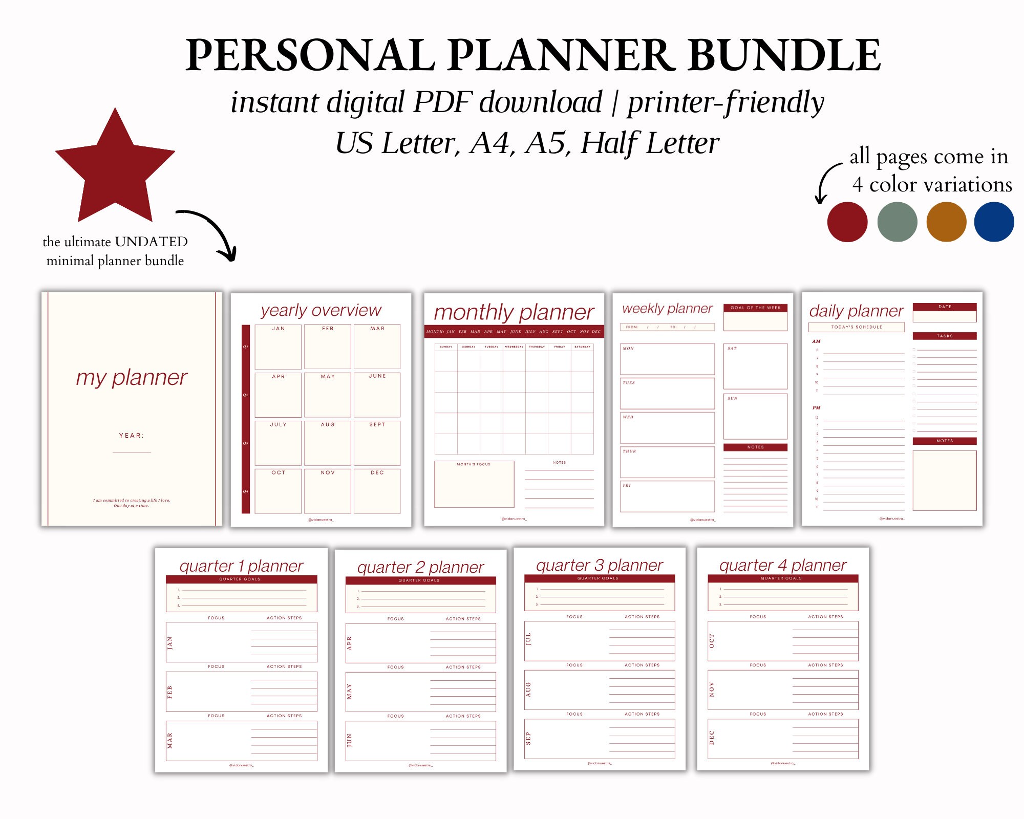 Printable Planner, Digital Planner, Undated Personal Planner Bundle ...