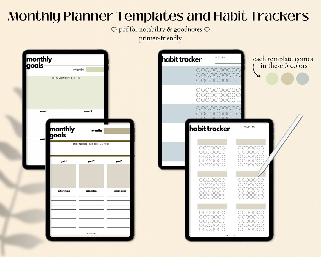 Monthly Planner and Habit Tracking Templates, Digital and Printable ...