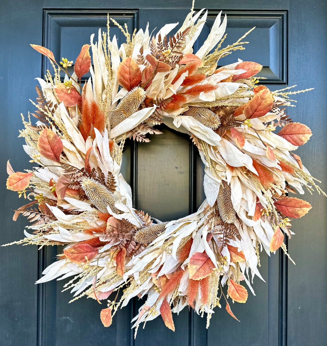 Fall Boho Cream Cornhusk Thistle Wreath With Orange Bunny Tails , Mixed ...
