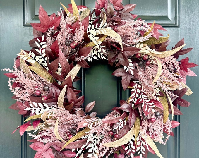 Fall Leaves Farmhouse Wreath for Front Door With Mauve and Plum Foliage ...