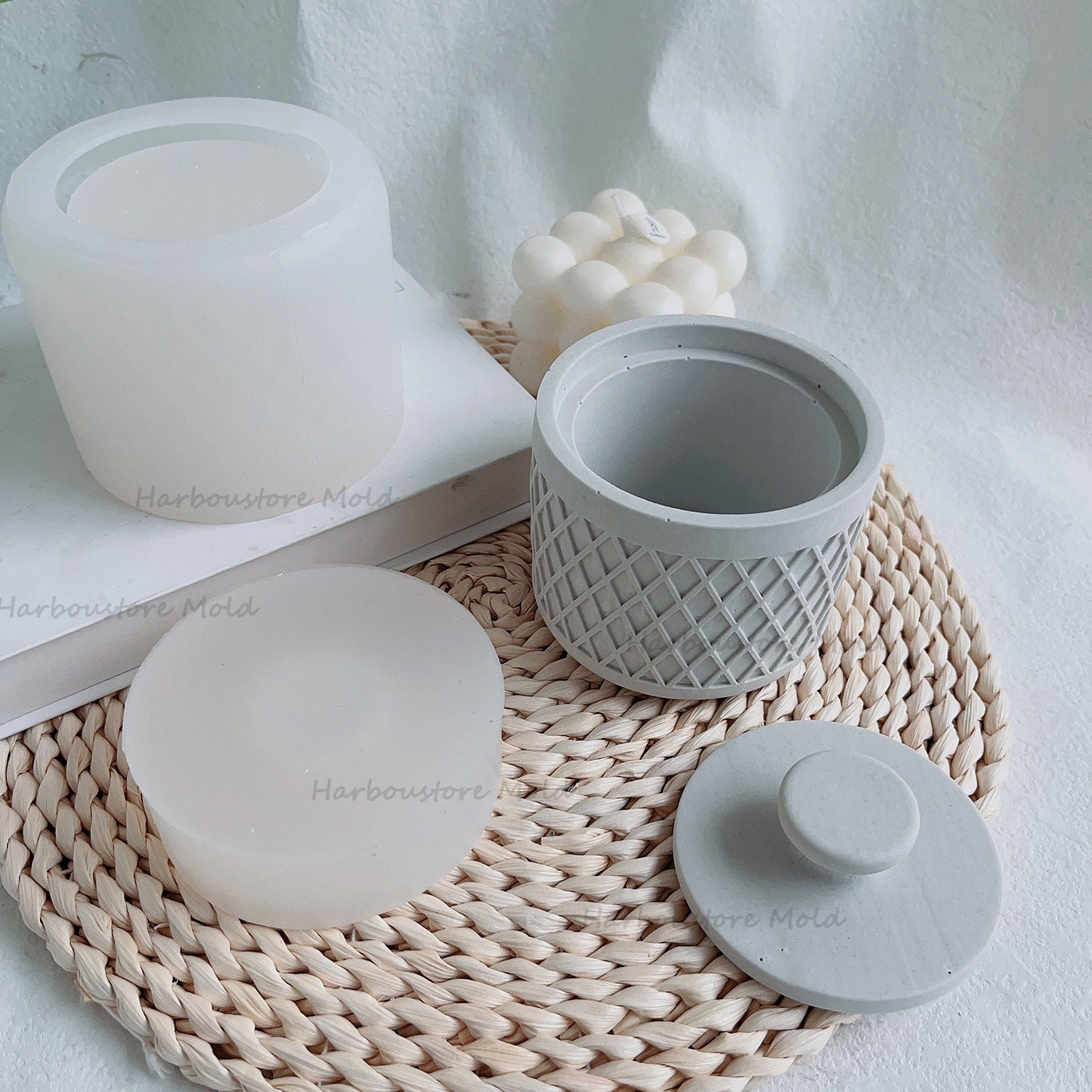 Round Embossed Diamond Candle Jar With Lid Concrete Silicone - Etsy