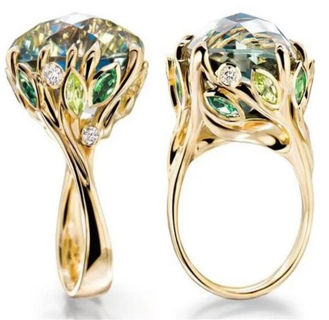 Luxury Fashion Natural Green Stone Ring Leaf Zircon Ring - Etsy