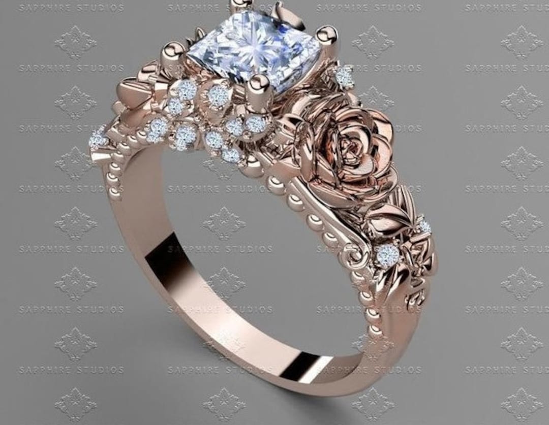 925 Sterling Silver Rose Gold White Sapphire Diamond Rose Flower Ring ...