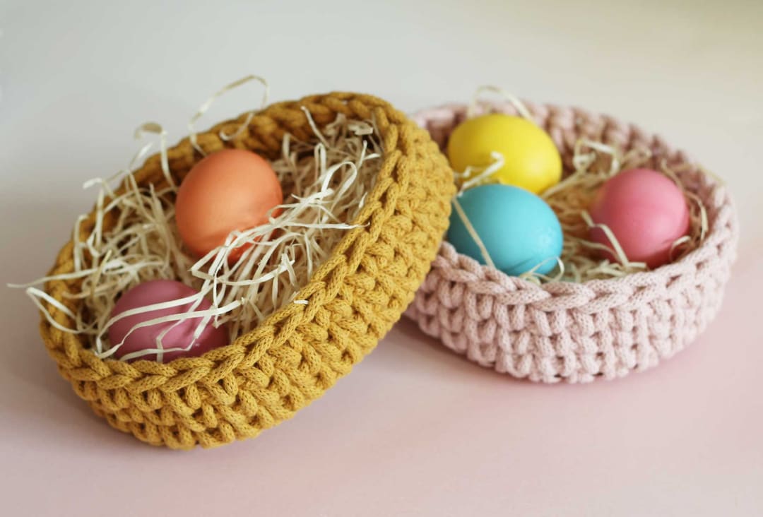 Crocheted Easter Basket Small Crochet Basket With Wooden Base Egg Shape ...
