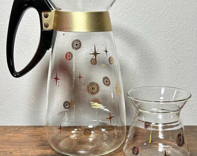 Vintage 1960s Pyrex Gold Starburst Coffee Set- Carafe & Small Pot Made ...