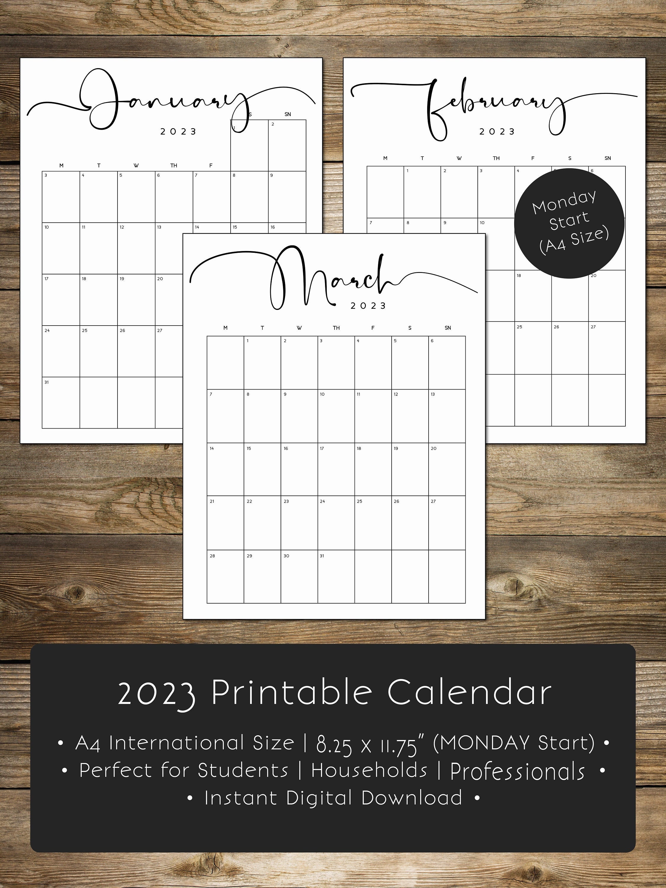 Printable Calendar 2023 A4, MONDAY Start, Digital INSTANT Download, A4 ...