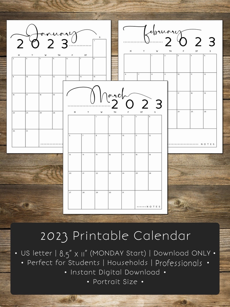 Printable Calendar 2023, MONDAY Start, Digital INSTANT Download, US ...