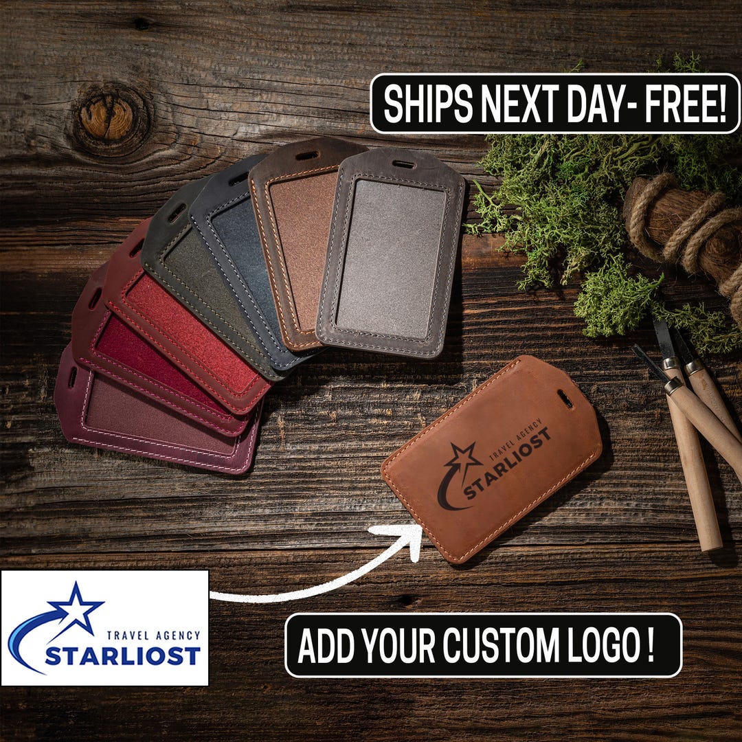 Custom Leather ID Card Holder With Company Logo Engraving, Badge Holder ...