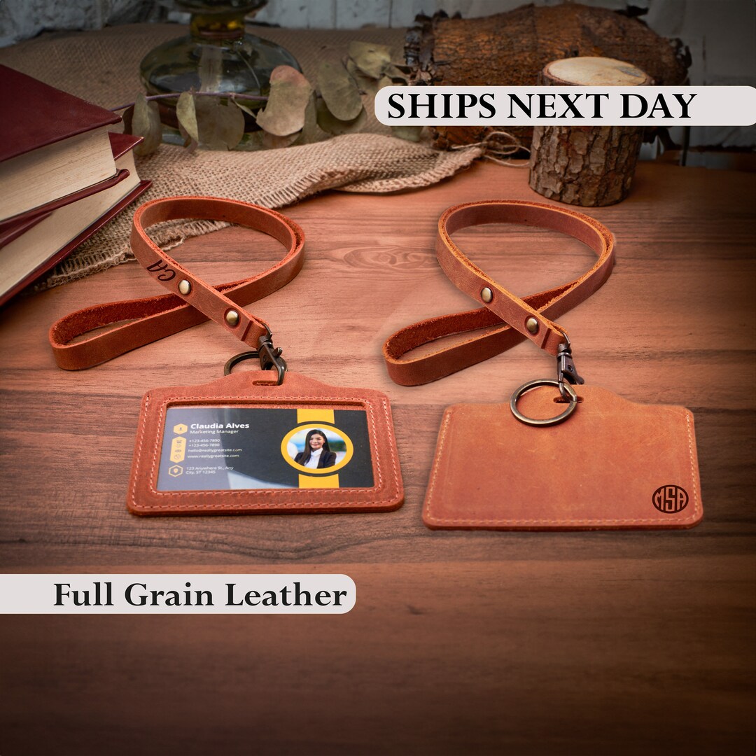 Custom Leather ID Holder With Lanyard, Personalized Leather ID Holder ...