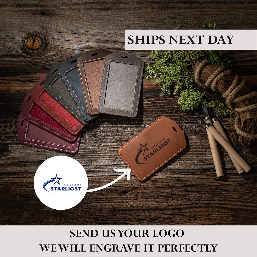 Custom Leather ID Card Holder With Company Logo Engraving, Badge Holder ...