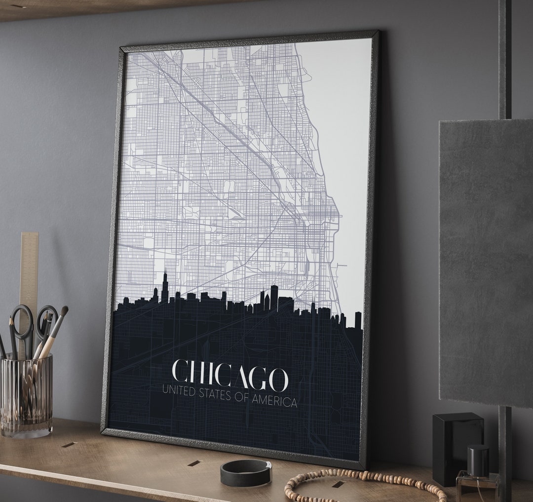 Chicago Skyline Print, Chicago City Map Print, Chicago Poster, Chicago ...