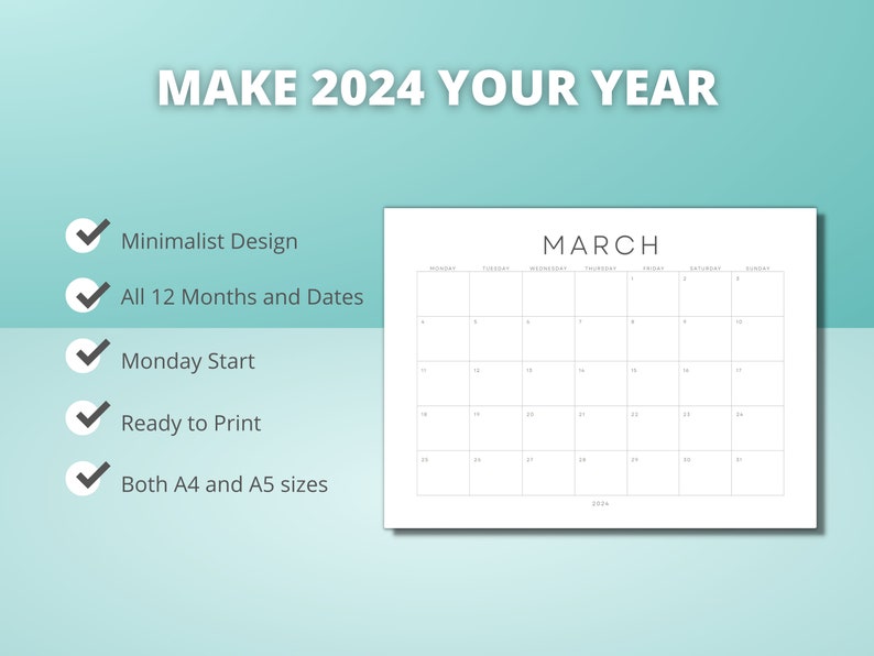 2024 Simple Dated Calendar Basic 2024 Monday Start Calendar Template ...