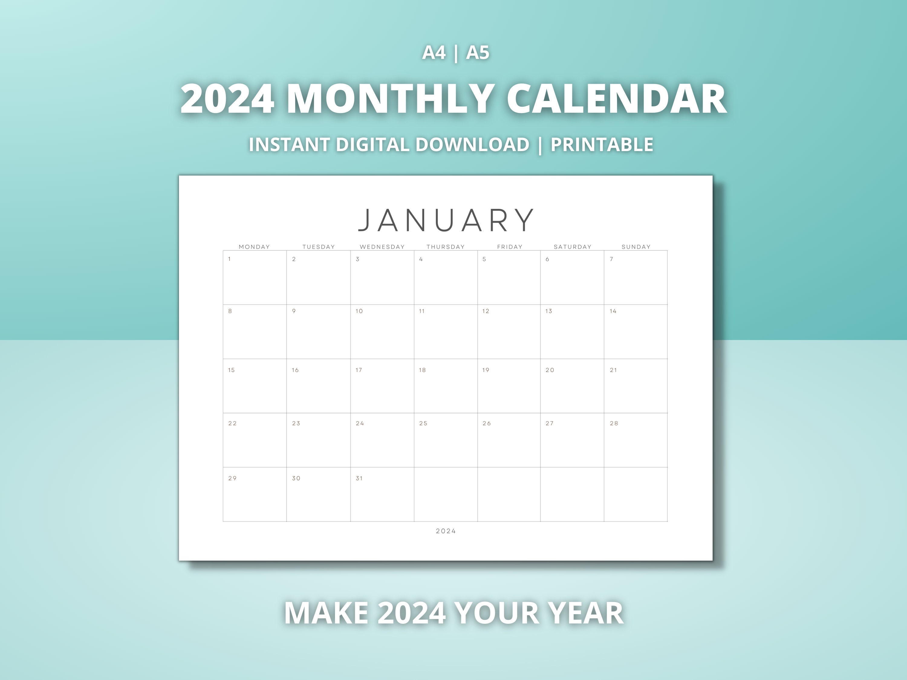2024 Simple Dated Calendar Basic 2024 Monday Start Calendar Template ...