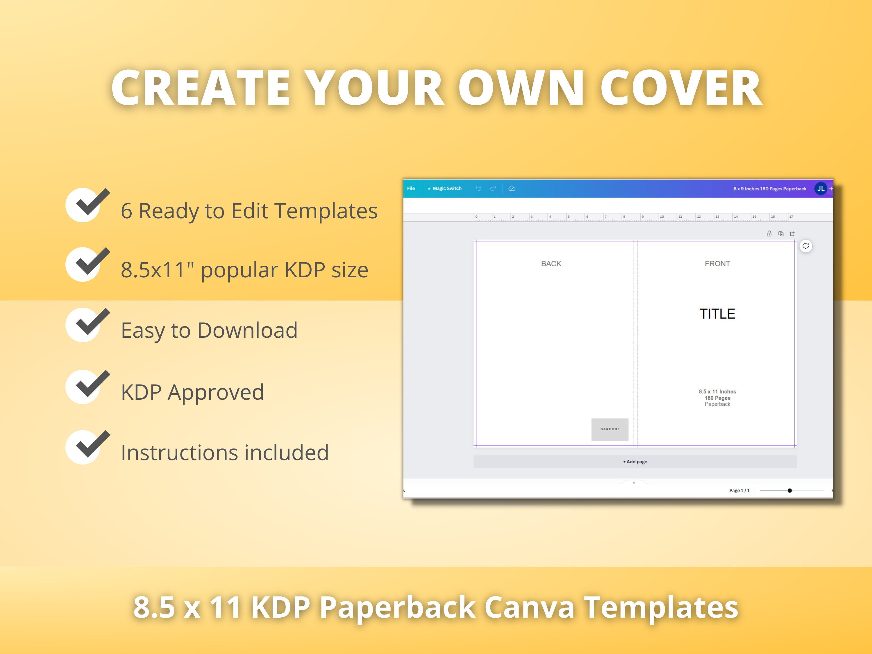 8.5x11" Canva KDP Book Cover Templates | 180, 200, 250, 300, 350, 400 ...