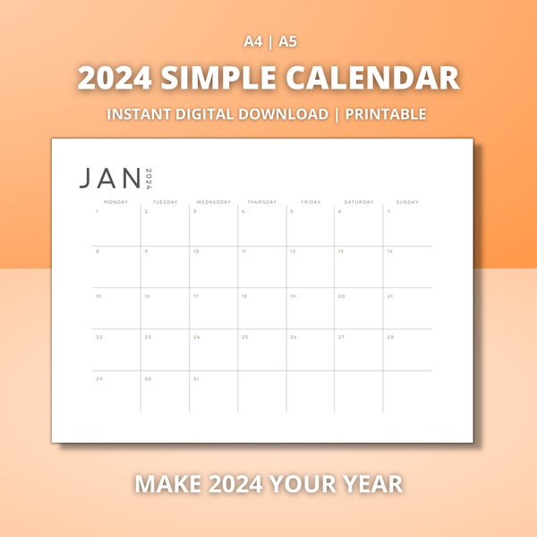 2024 Simple Dated Calendar Basic 2024 Monday Start Calendar Template ...