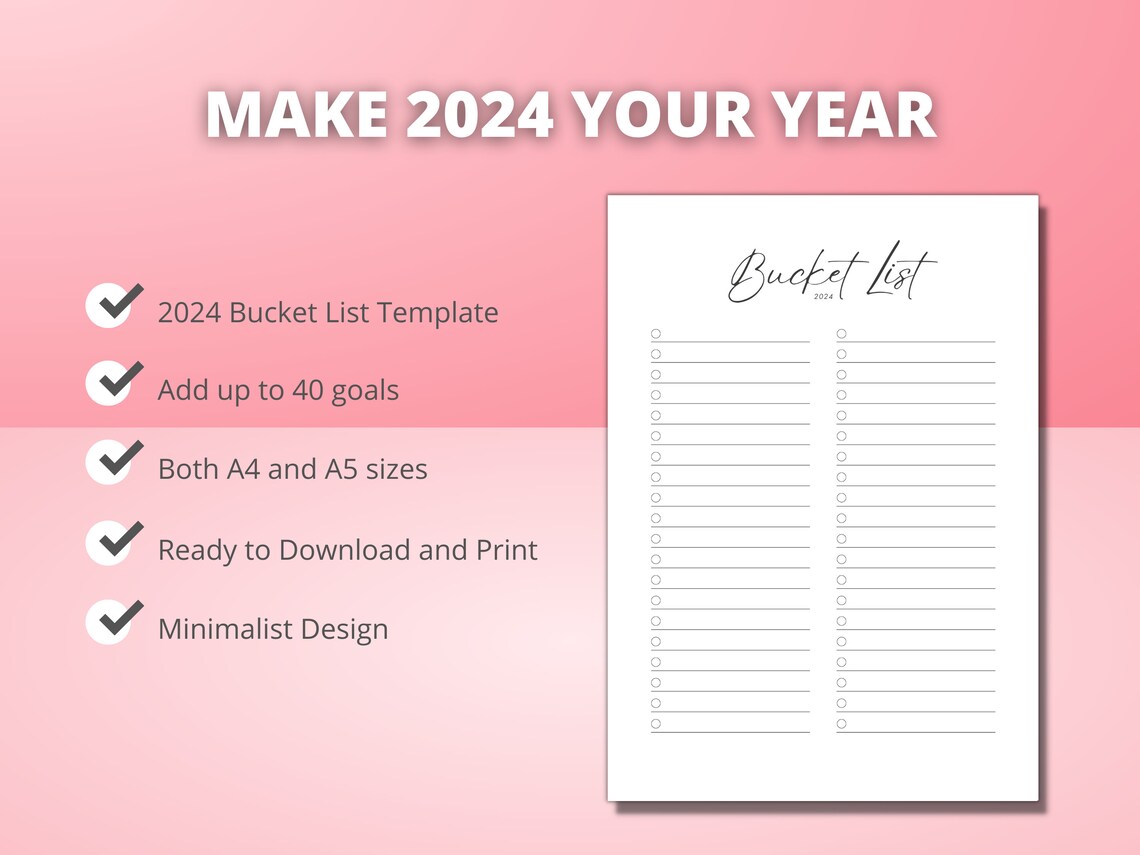 Bucket List Template Yearly Goal Planner 2024 Dream Life Planner Travel ...