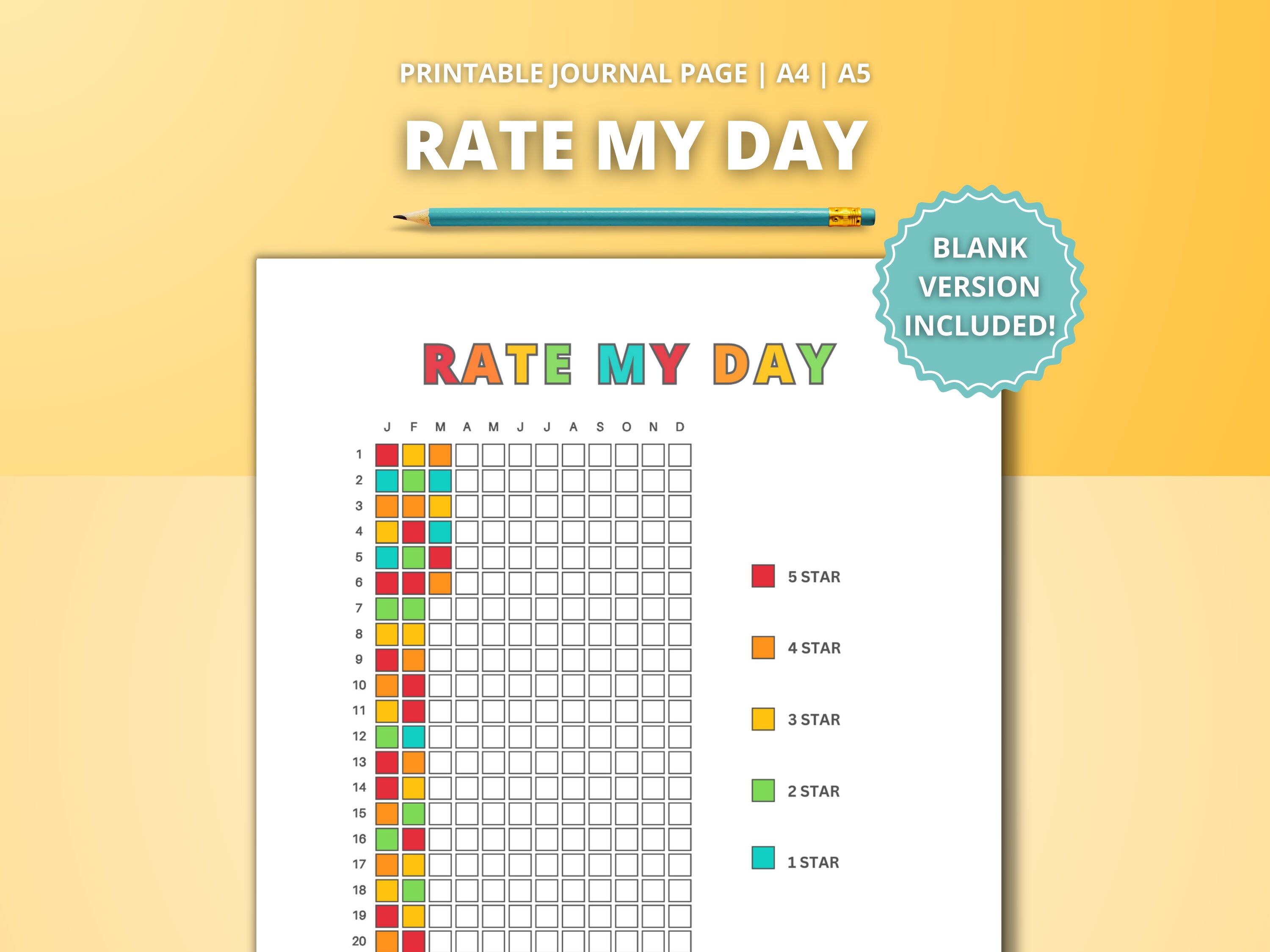 Pixel Rate My Day Tracker - Printable Page 2025 | Colouring in Bullet ...