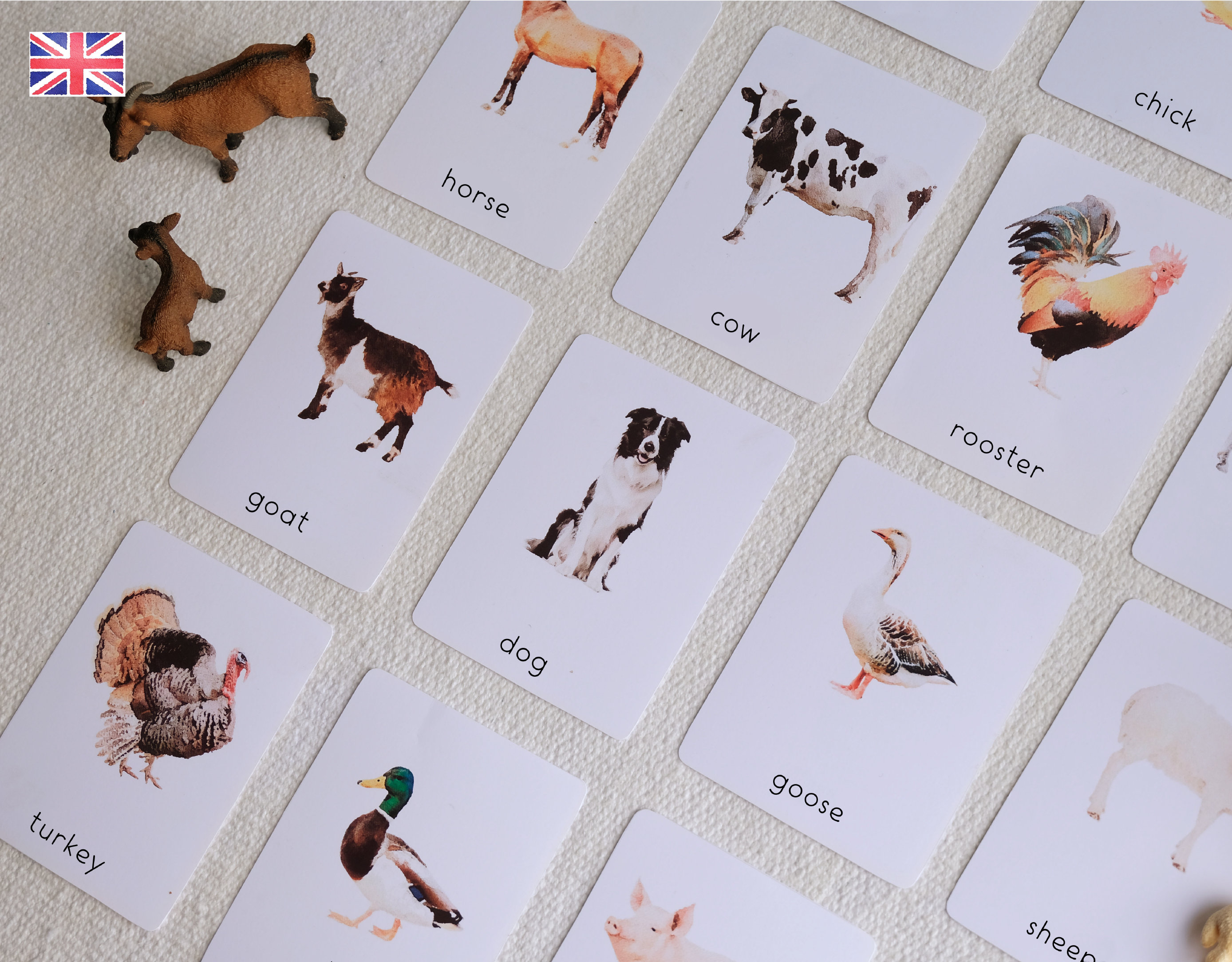 16 Montessori Cards - Farm Animals - English - 3 Part Cards Watercolor ...