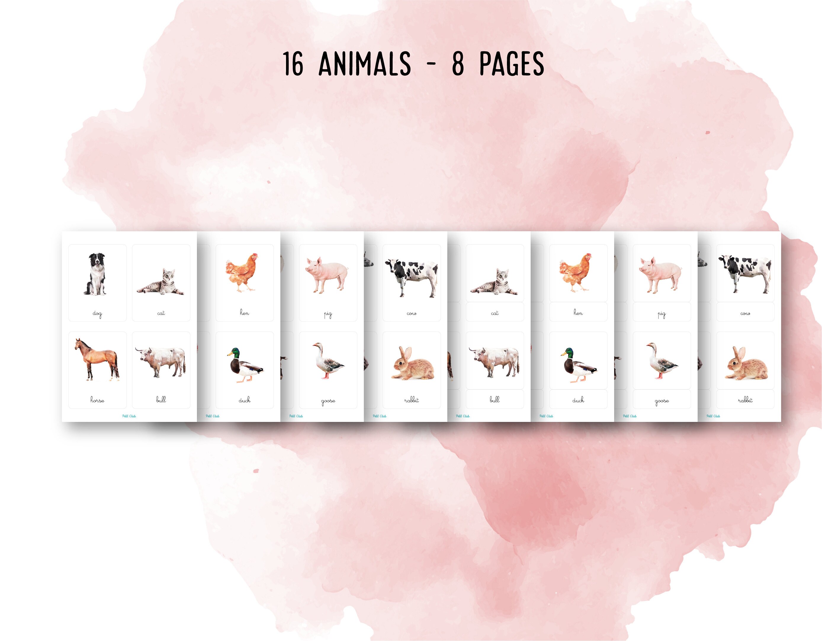 16 Montessori Cards - Farm Animals - English - 3 Part Cards Watercolor ...