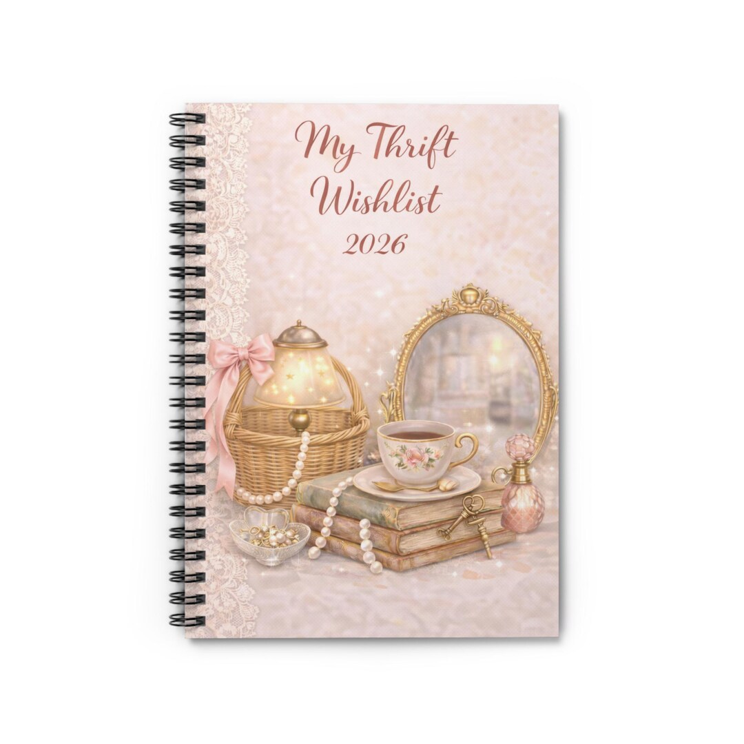 Thrift Wishlist 2026 Spiral Notebook | Vintage Teacup, Mirror, Pearl ...