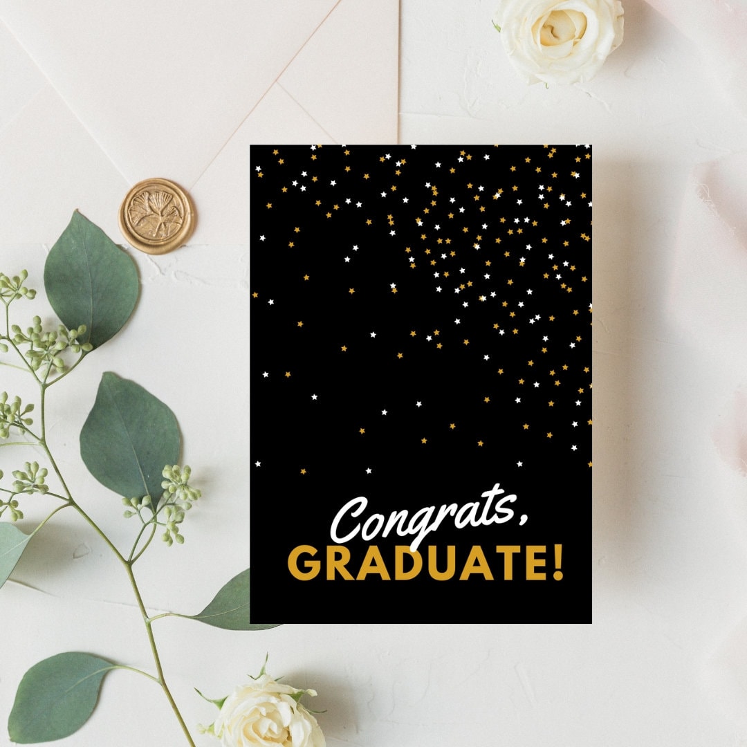 Black With Gold Stars Graduation Card - Digital Download and Print, 5x7 ...